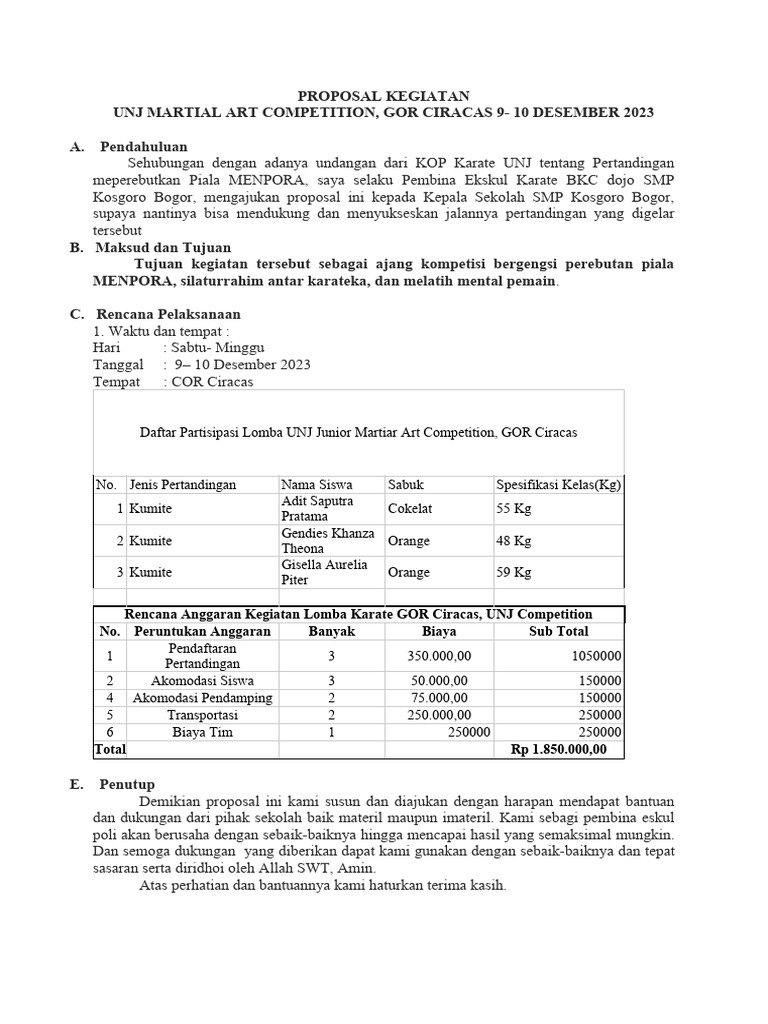 PROPOSAL KEGIATAN Karate | PDF
