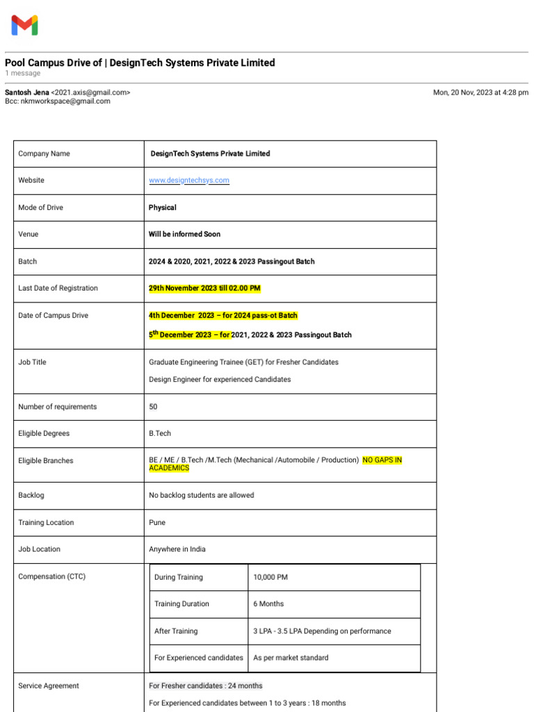 Gmail - Pool Campus Drive of - DesignTech Systems Private Limited | PDF | Engineering | Business