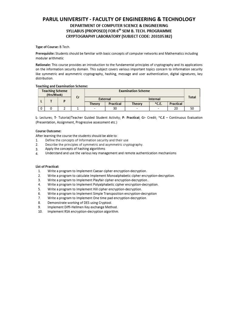 Cryptography Lab Syllabus 6th Sem | PDF | Cryptography | Encryption