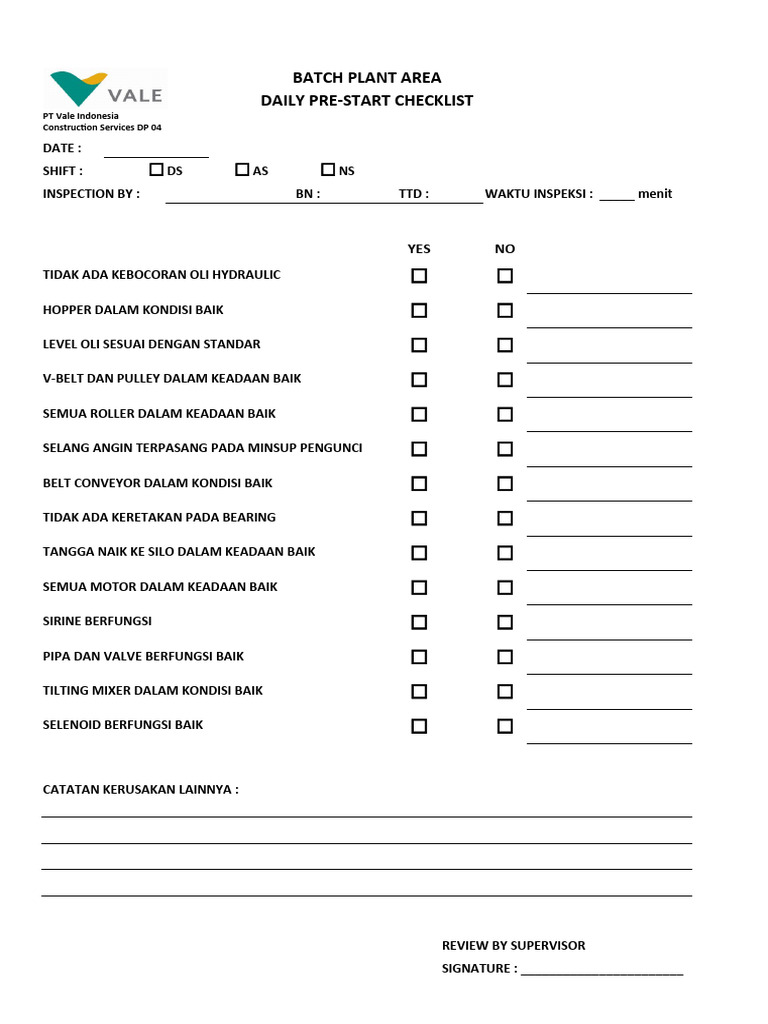 Batch Plant Pre-Start Checklist | PDF
