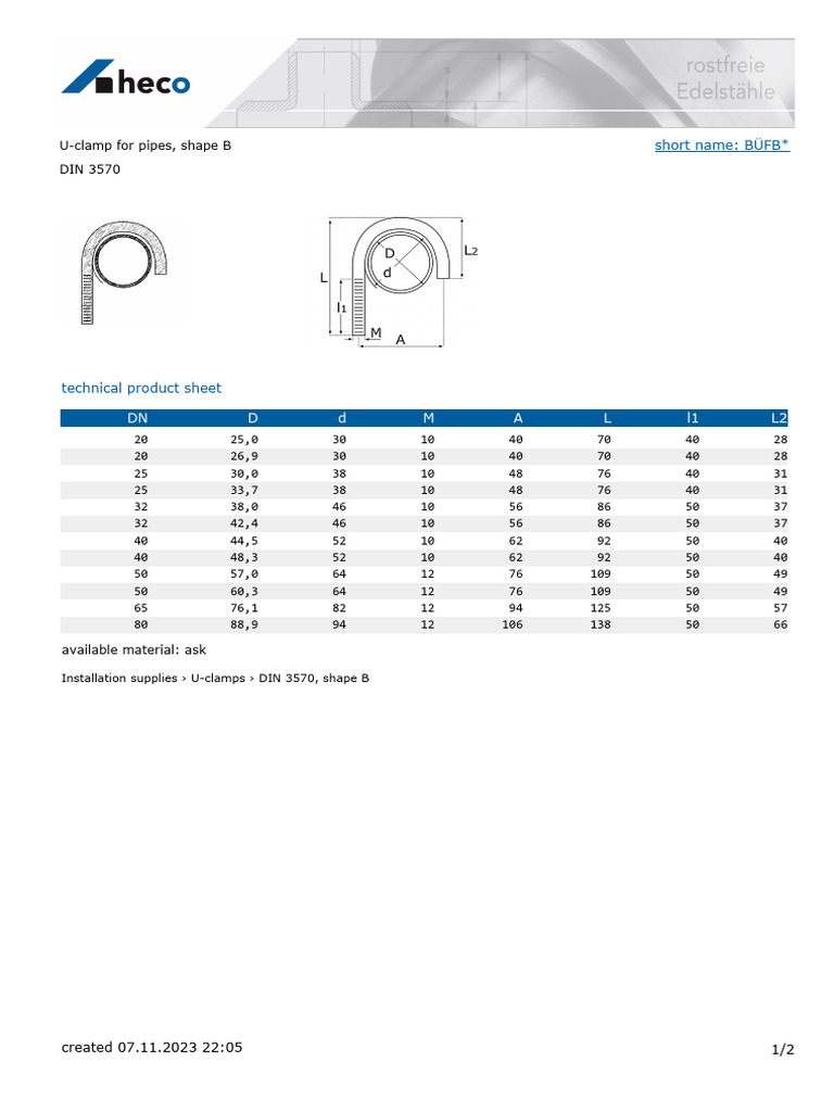Heco Product Sheet 6096 Stainless Steel U Clamps DIN 3570 Shape B | PDF