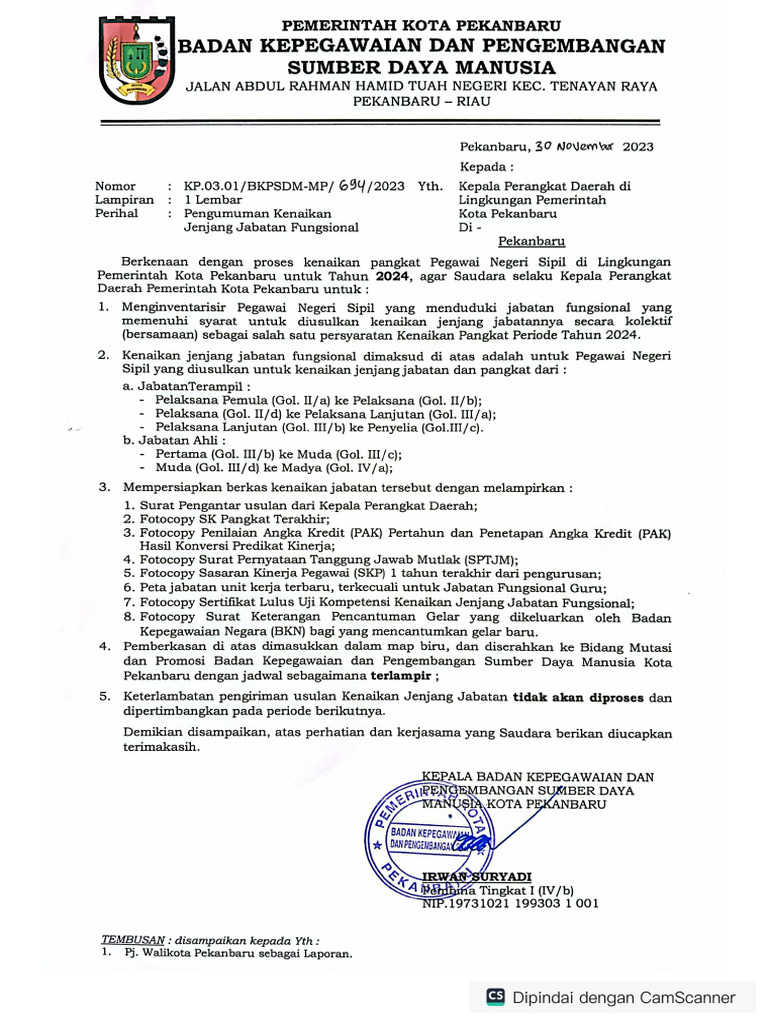 Surat Pengumuman Kenaikan Jenjang Jabatan Fungsional | PDF