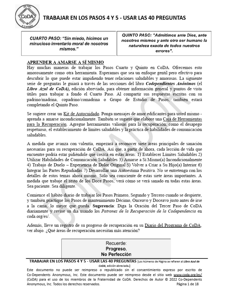 Trabajar 4° y 5° Paso | PDF | Amor | Dolor