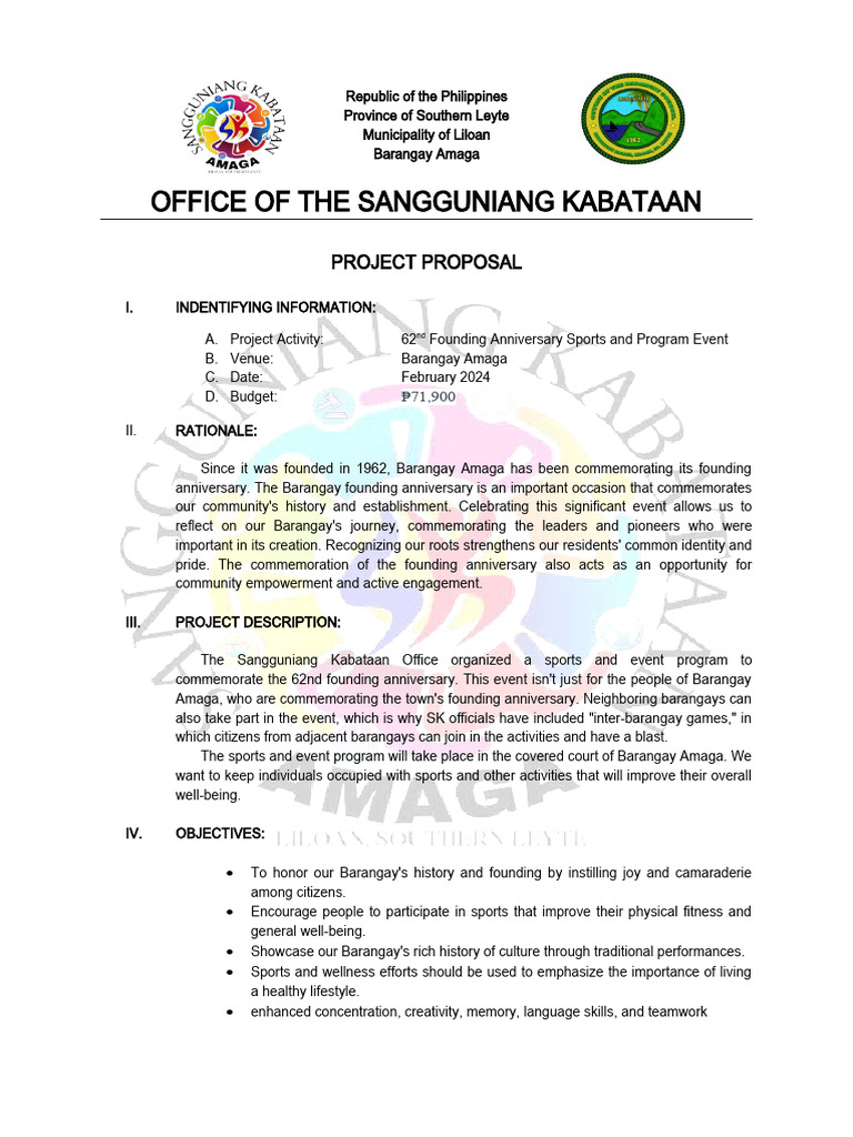 Project Proposal For Barangay Founding Anniversary | PDF