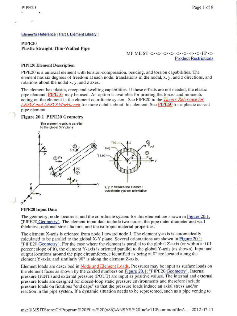 PIPE20 Element Overview and Usage | PDF | Cartesian Coordinate System ...