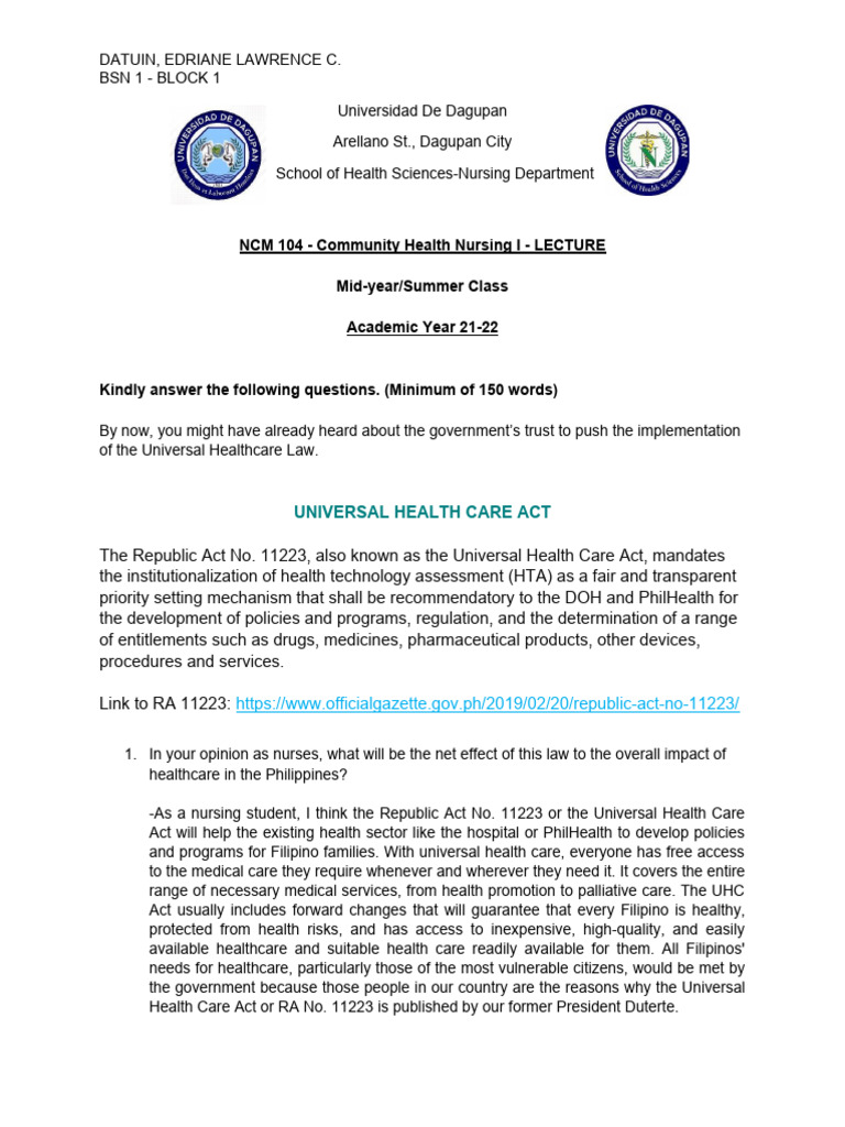 CHN I (Lecture) Midterm Activity | PDF | Nursing | Health Care