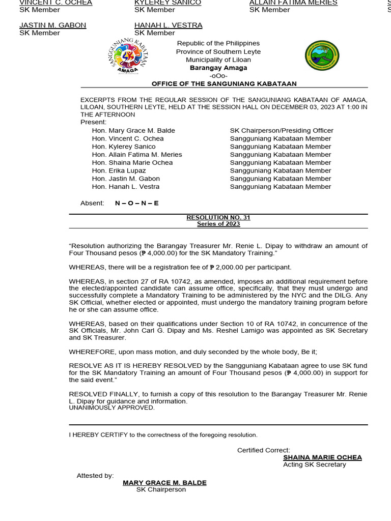 SK Resolution for Mandatory Training Fund | PDF | Philippines | Government