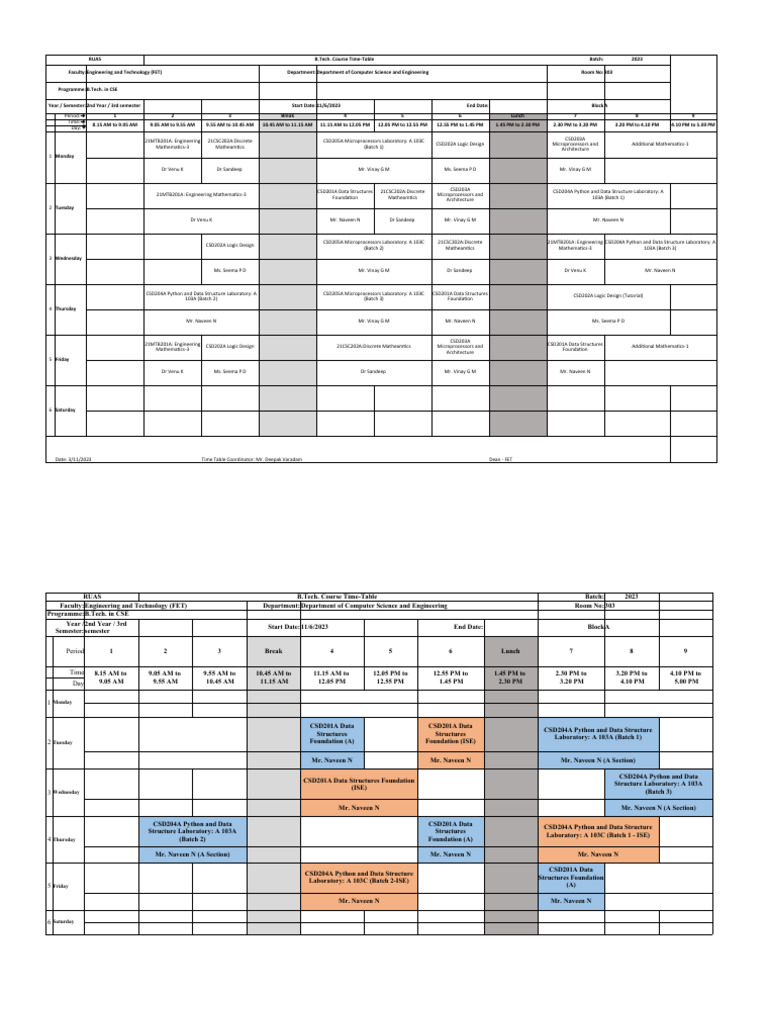 3rd Sem B.Tech FT2023 Time Table | PDF | Academic Term | Engineering