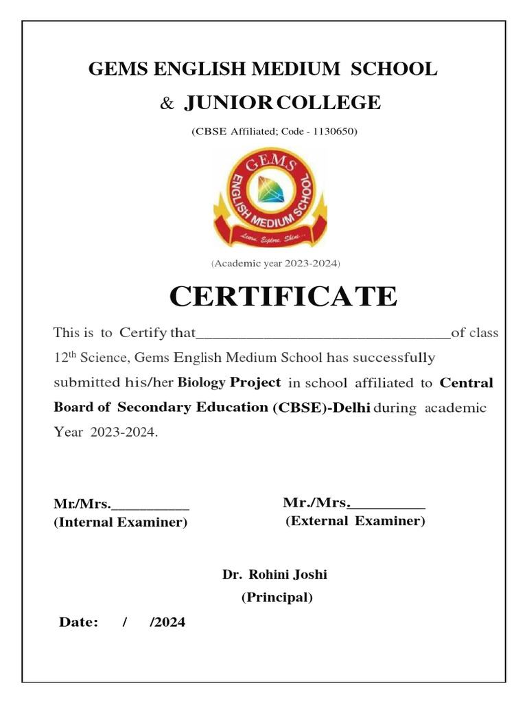 Biology Project certificate | PDF