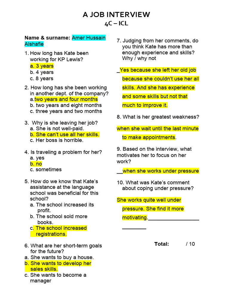 A Job Interview - Kate Willis - Questions - A Job Interview | PDF