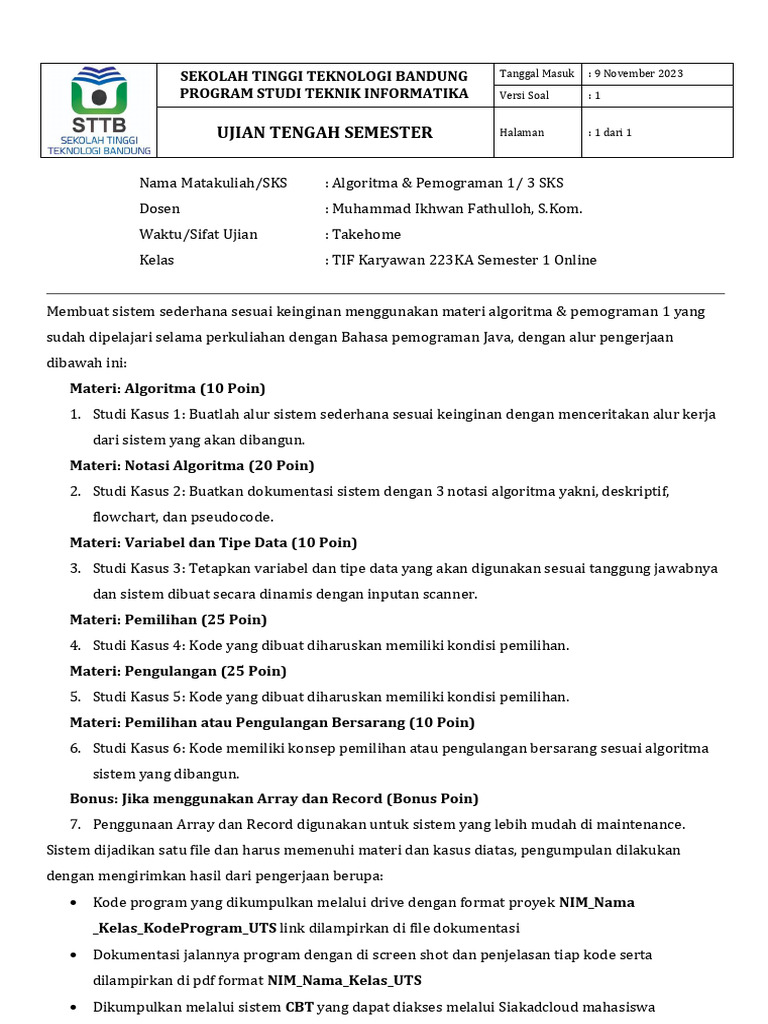 UTS Algoritma & Pemrograman 1 Java | PDF