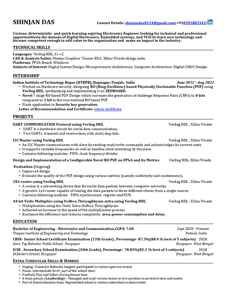 CV Shinjan Offcampus-1 | PDF | Hardware Description Language | Field Programmable Gate Array
