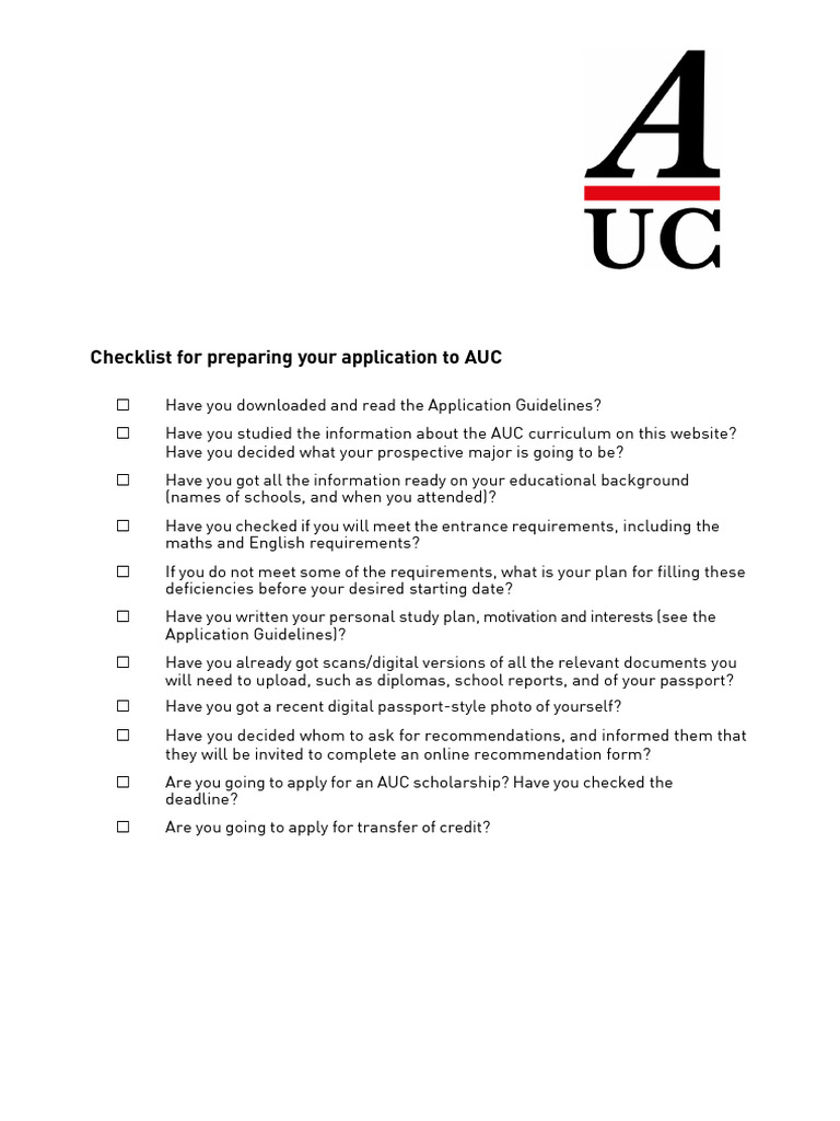 Checklist For Applying To Auc | PDF