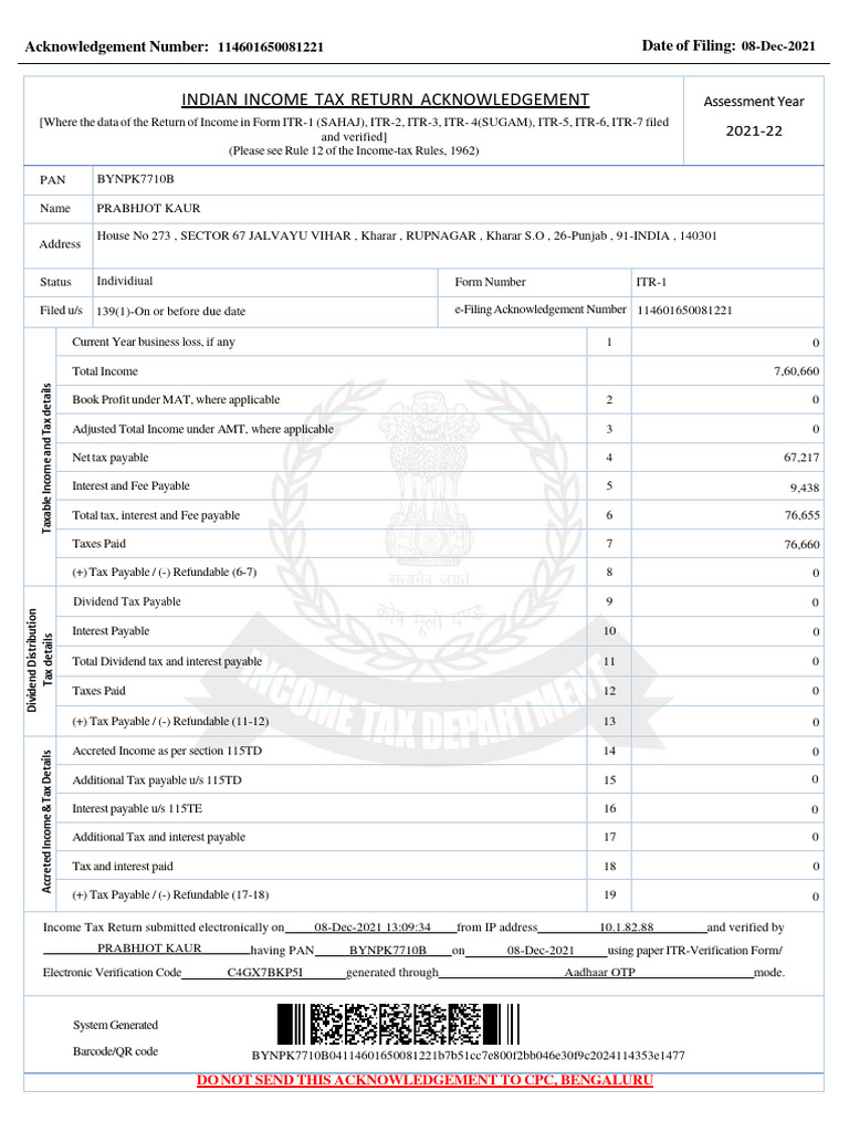 Indian Income Tax Return Acknowledgement: Acknowledgement Number: Date ...