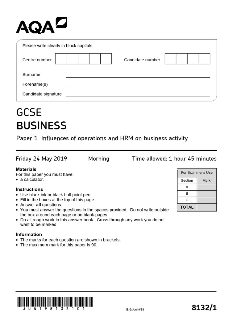 Aqa Gcse Jun2019 Business Paper 1 QP | PDF | Fair Trade | Sales