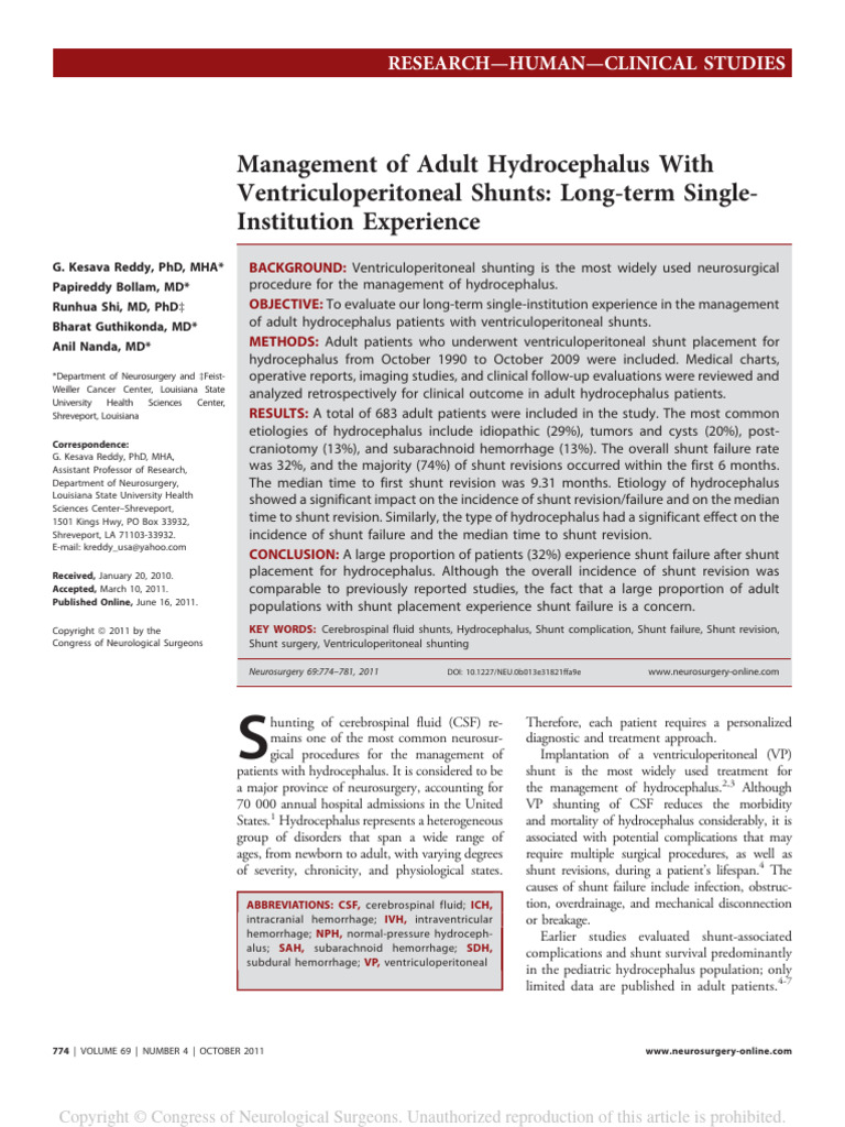 Management of Adult Hydrocephalus With Ventriculoperitoneal Shunts ...