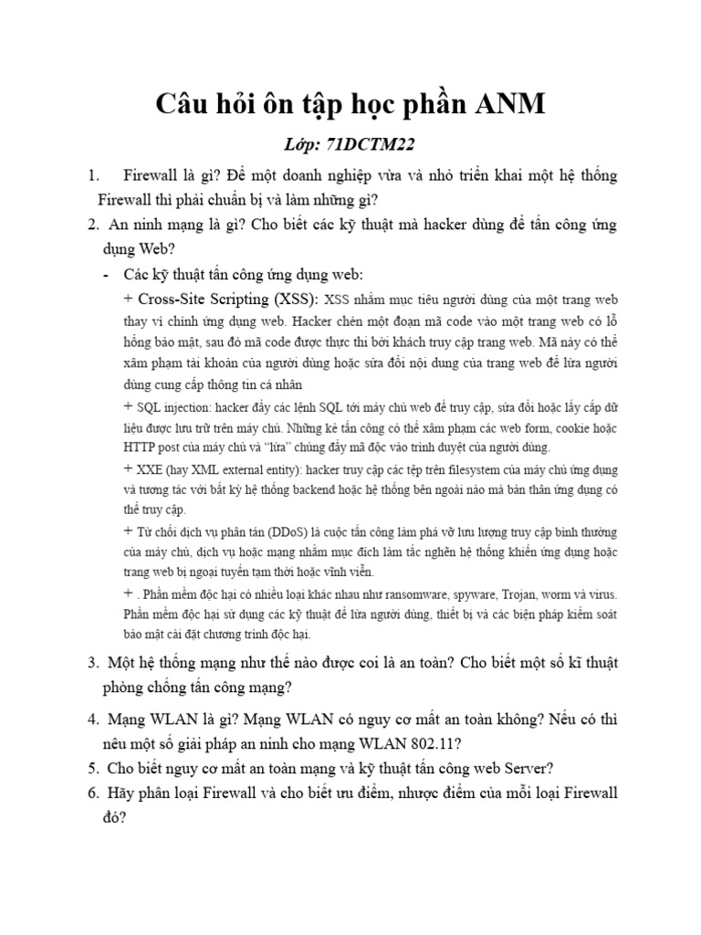 Đề cương ôn tập ANM - 2023 | PDF