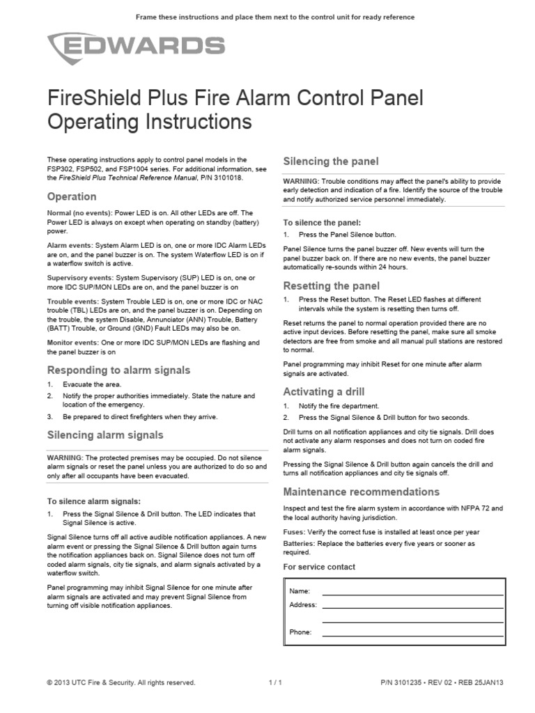 R02 FireShield Plus Fire Alarm Control Panel Operating Instructions | PDF | Hazards | Fires