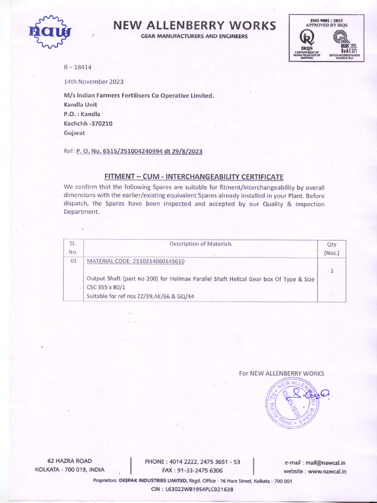Fitment Cum Interchangeability Cert. | PDF