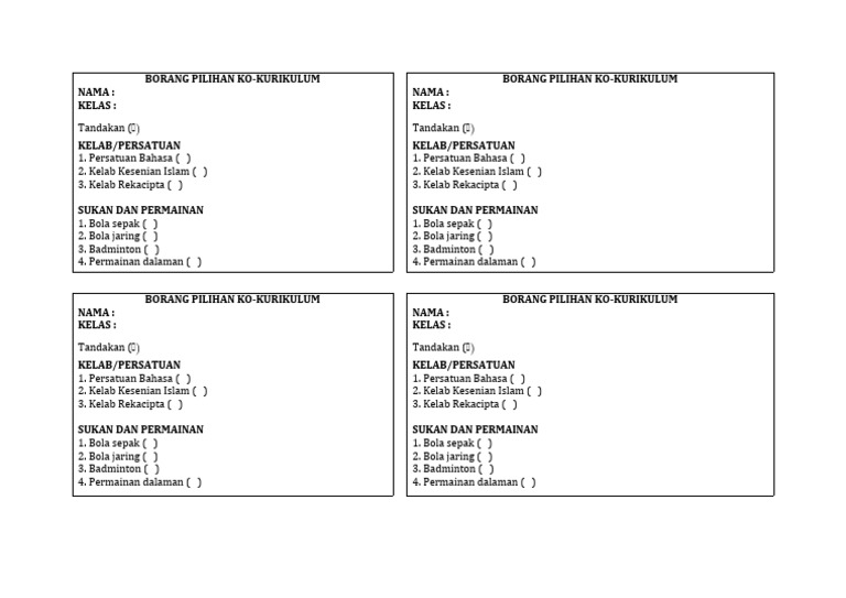 Borang Pilihan Ko Kurikulum Siswa Pdf Olahraga Rekreasi