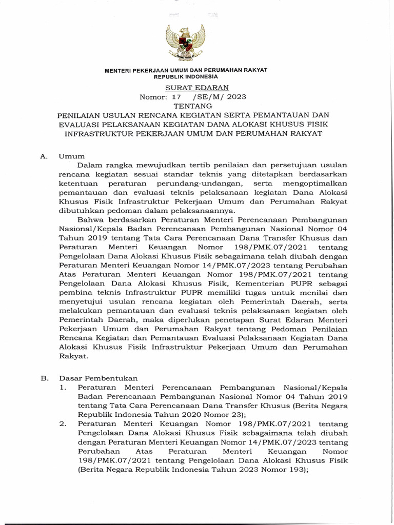 SE PUPR No 17 Tahun 2023 Tentang Penilaian Usulan Rencana Kegiatan Serta Pemantauan Dan Evaluasi ...