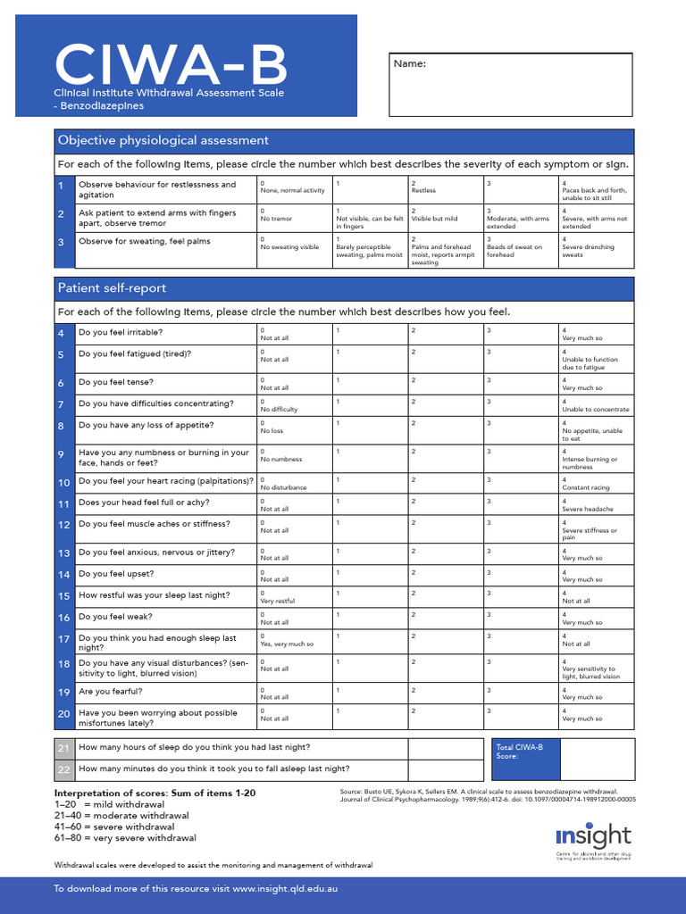 CIWA-B Withdrawal Assessment Tool | PDF | Perspiration | Neuroscience