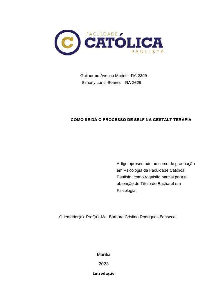 Pré Projeto TCC v1 | PDF | Terapia Gestalt | Psicologia