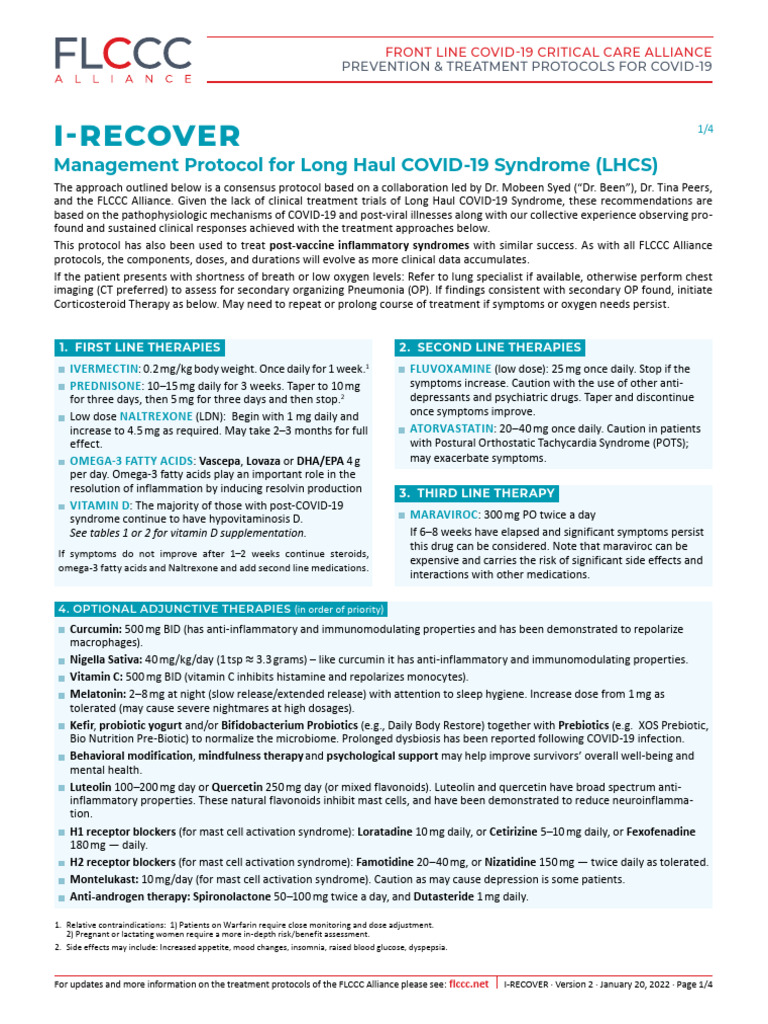FLCCC Alliance I RECOVER Management Protocol For Long Haul COVID 19 ...