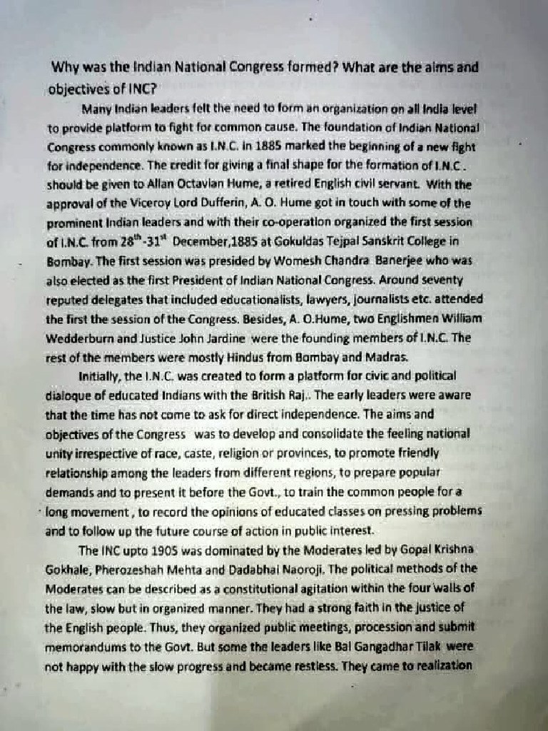 Formation and Objectives of INC | PDF | Indian National Congress ...