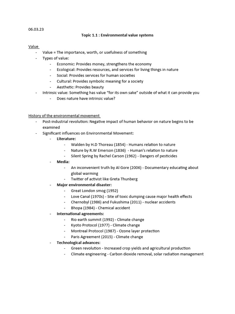Topic 1.1 - Environmental Value Systems | PDF