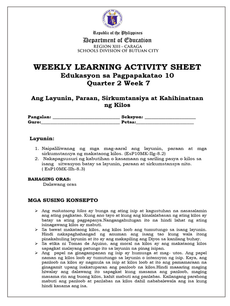 Weekly Learning Activity Sheet: Edukasyon Sa Pagpapakatao 10 Quarter 2 Week 7 | PDF