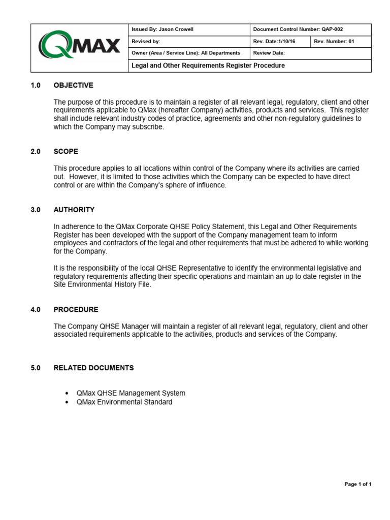 2 1 Legal And Other Requirements Register Procedure Pdf