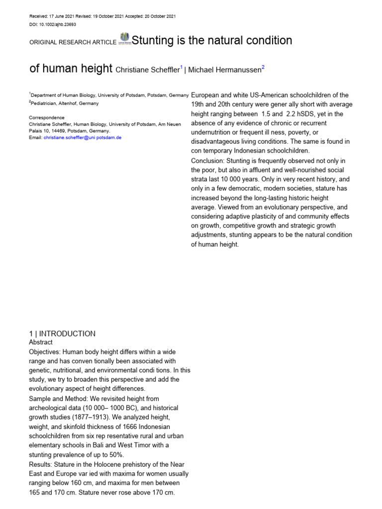 American J Hum Biol - 2021 - Scheffler - Stunting Is The Natural Condition of Human Height | PDF ...