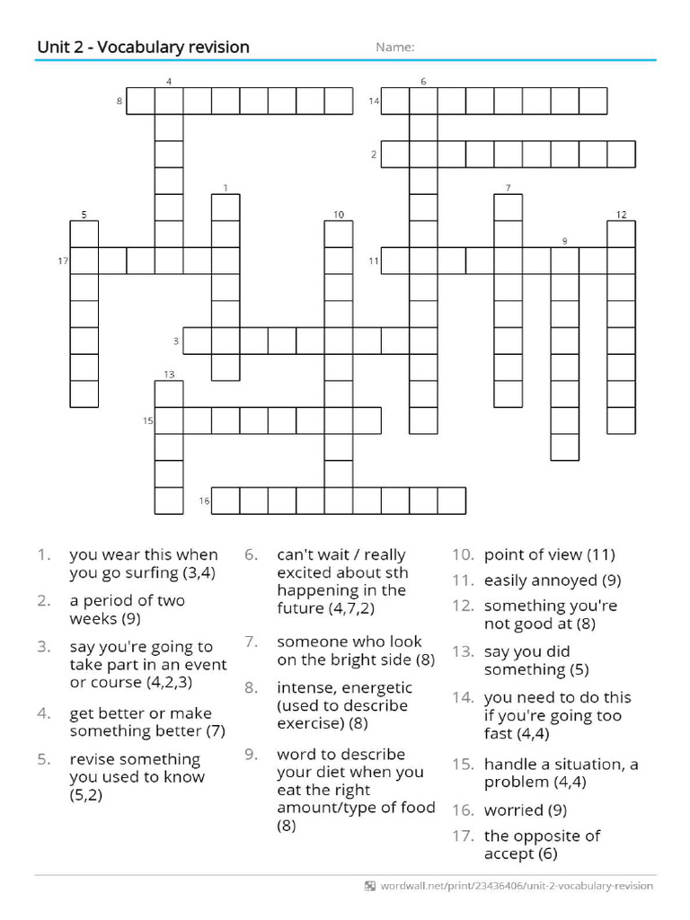 Wordwall - Unit 2 - Revision Crossword | PDF