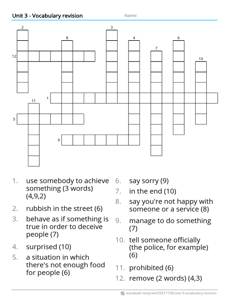 Wordwall - Unit 3 - Revision Crossword | PDF