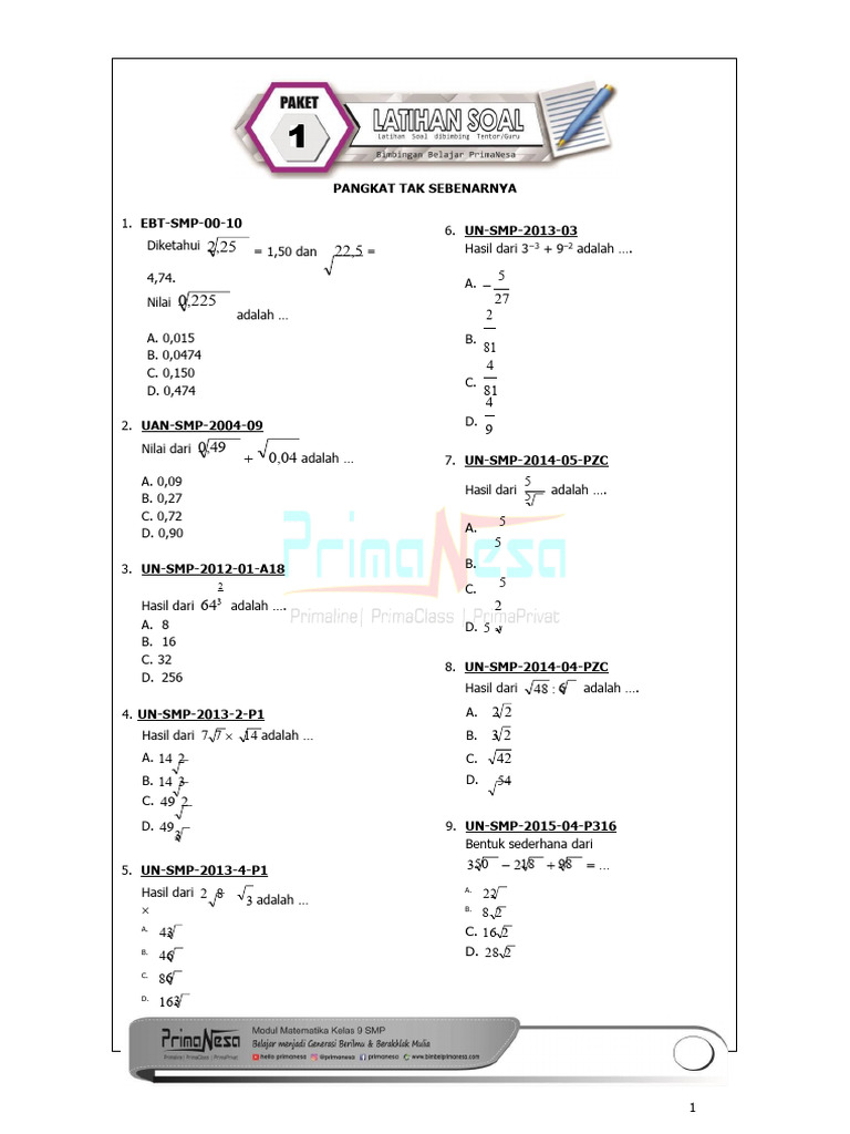 Mat Bab 1 Latihan Soal 1 Pangkat Tak Sebenarnya 9 SMP | PDF