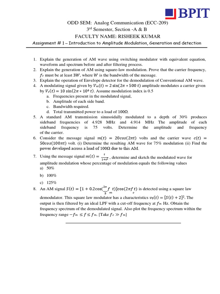Assignment#1 - AM Generation and Detection | PDF | Teaching Methods & Materials | Science ...