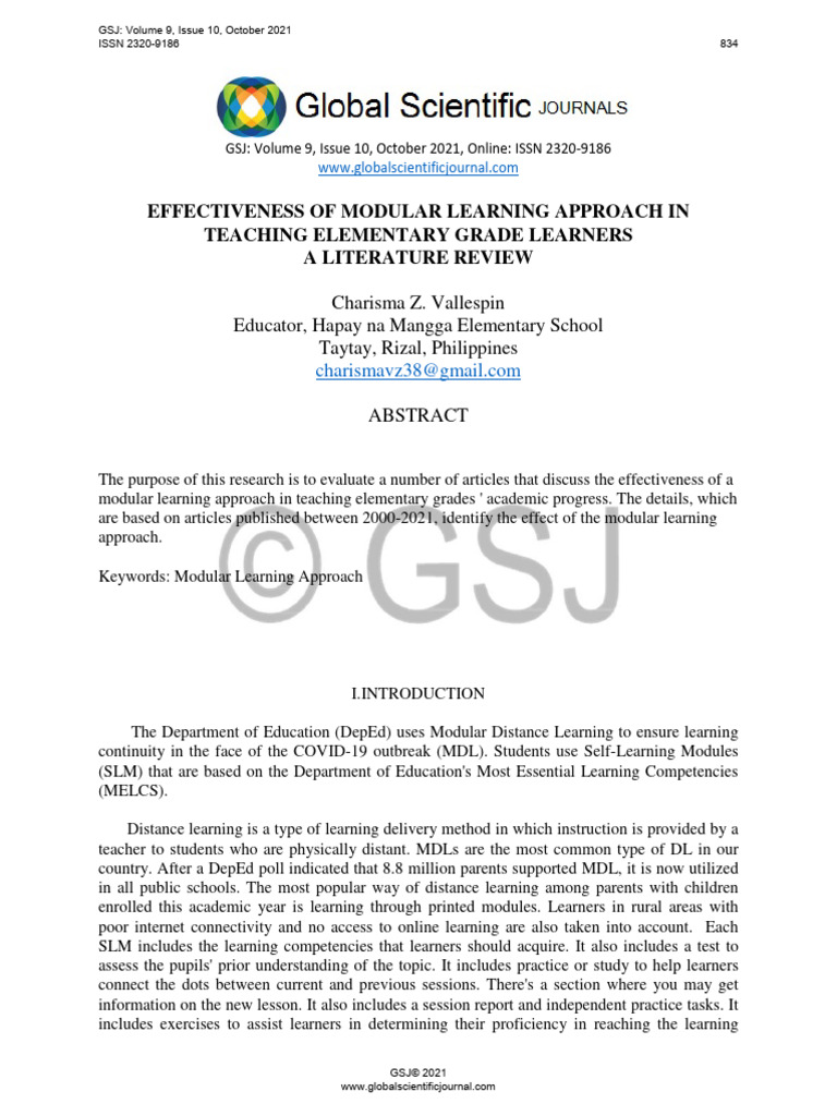 Effectiveness Of Modular Learning Approach In Teaching Elementary Grade Learners Pdf