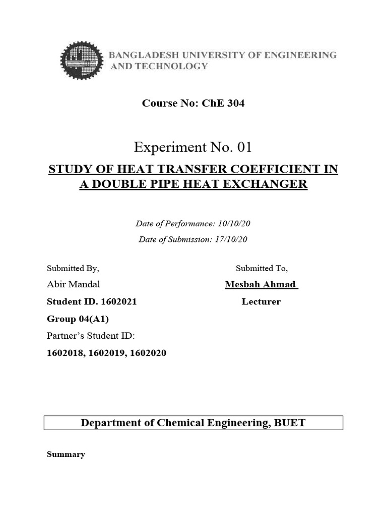 ChE 304 Exp 1 | PDF | Heat Transfer | Heat Exchanger