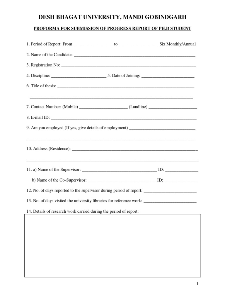 Proforma For Progress Report of PH.D & M.Phil | PDF | Doctor Of Philosophy | Doctoral Degrees