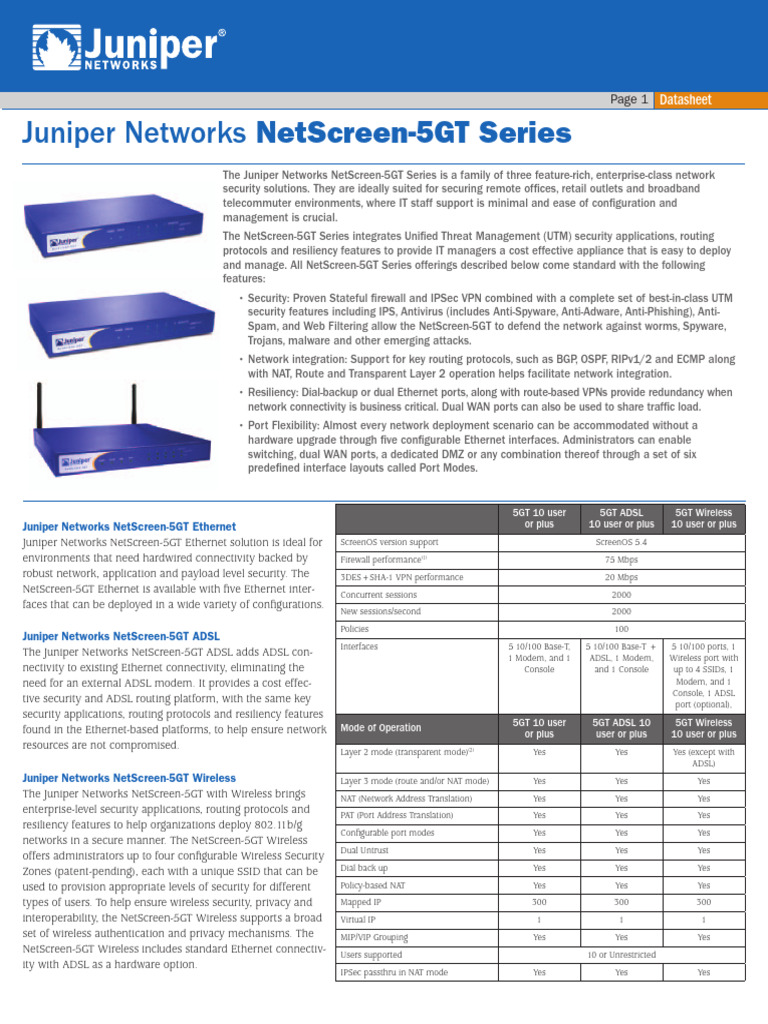 Juniper Networks Netscreen-5Gt Series: Datasheet | PDF | Computer Network | Virtual Private Network