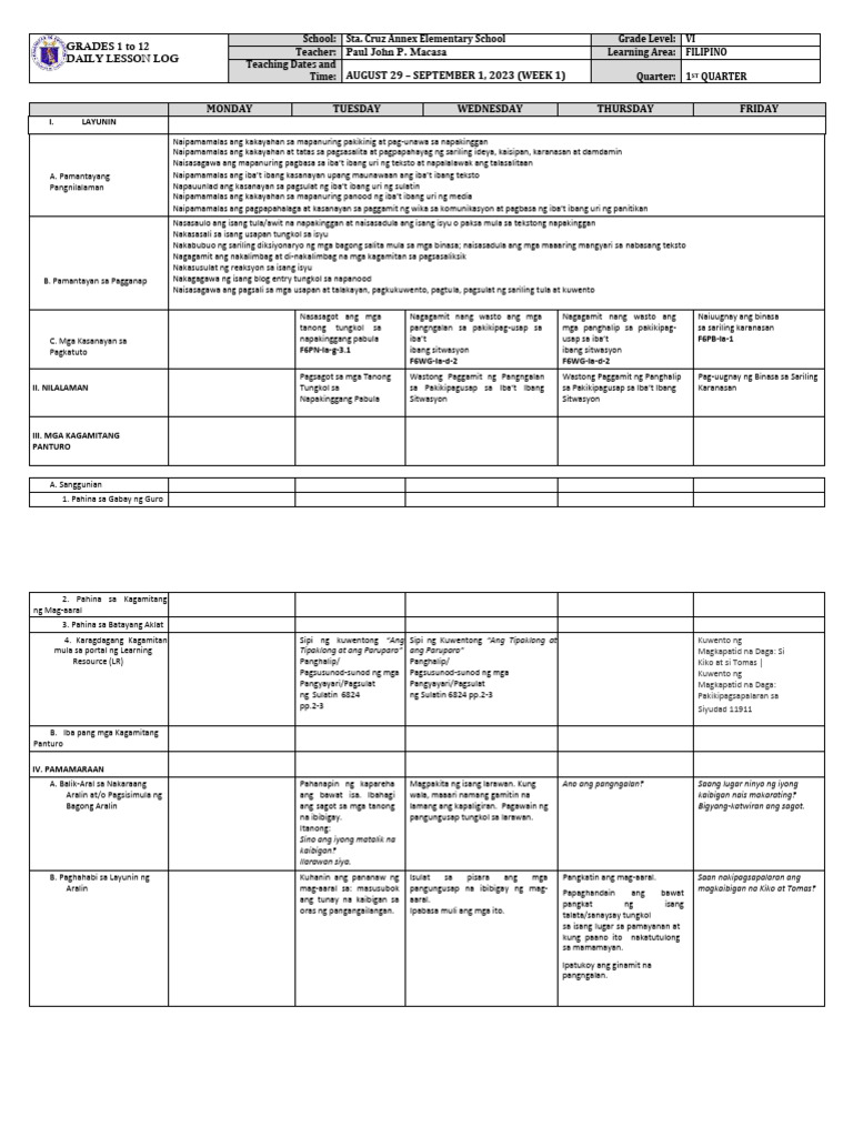 DLL - Filipino 6 - Q1 - W1 | PDF