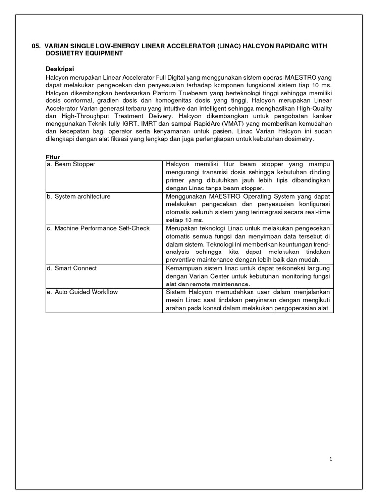 Spec - Varian Single Low-Energy Linear Accelerator (Linac) Halcyon ...
