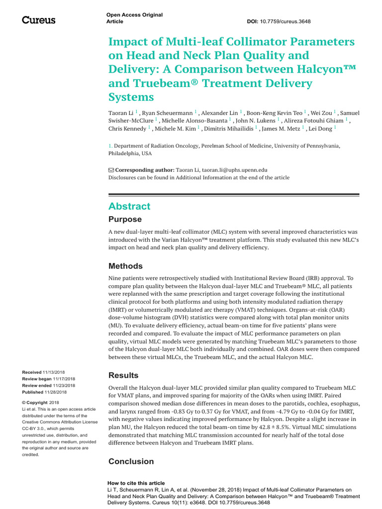 A Comparison Between Halcyon™ and Truebeam® Treatment Delivery Systems | PDF | Radiation Therapy ...