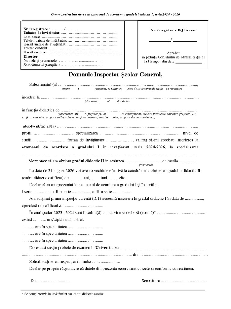 Cerere Inscriere Grad I Didactic 2024 2026 | PDF