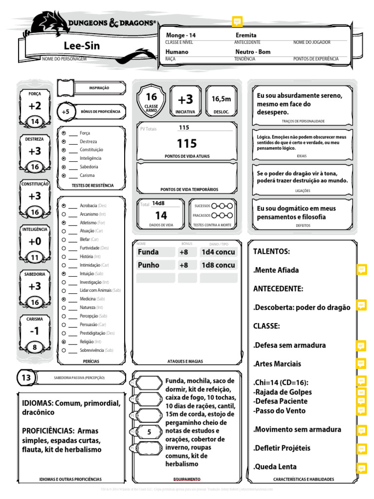 Nível 14 - Ficha Humano Monge (Caminho Da Mão Aberta) | PDF
