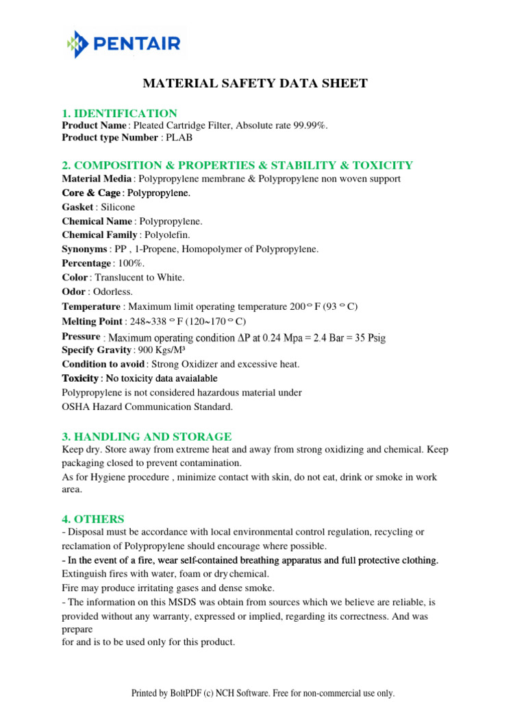 Polypropylene Filter Data Sheet | PDF