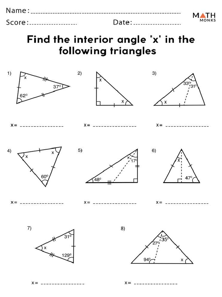 Interior Angles of A Triangle Worksheet | PDF