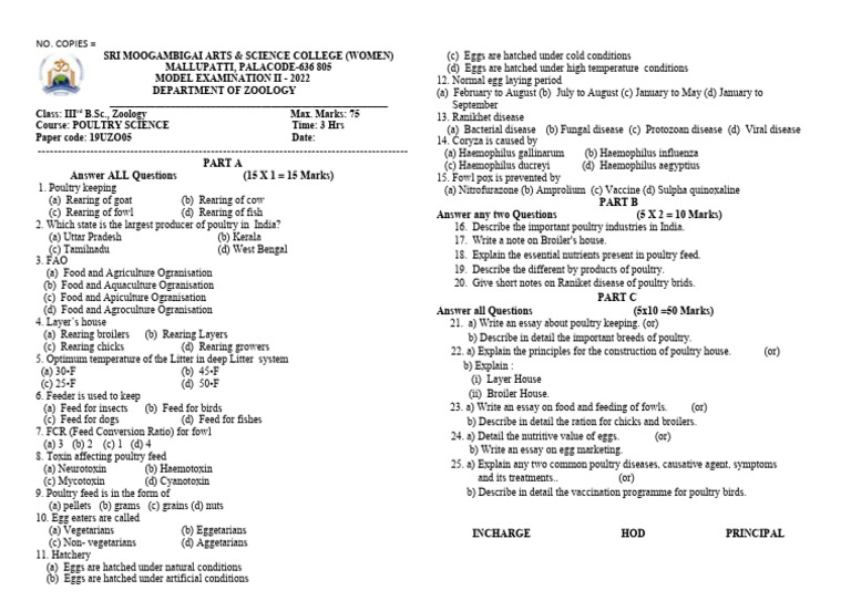 Zoology QP - Poultry Science-II | PDF | Poultry | Domesticated Animals