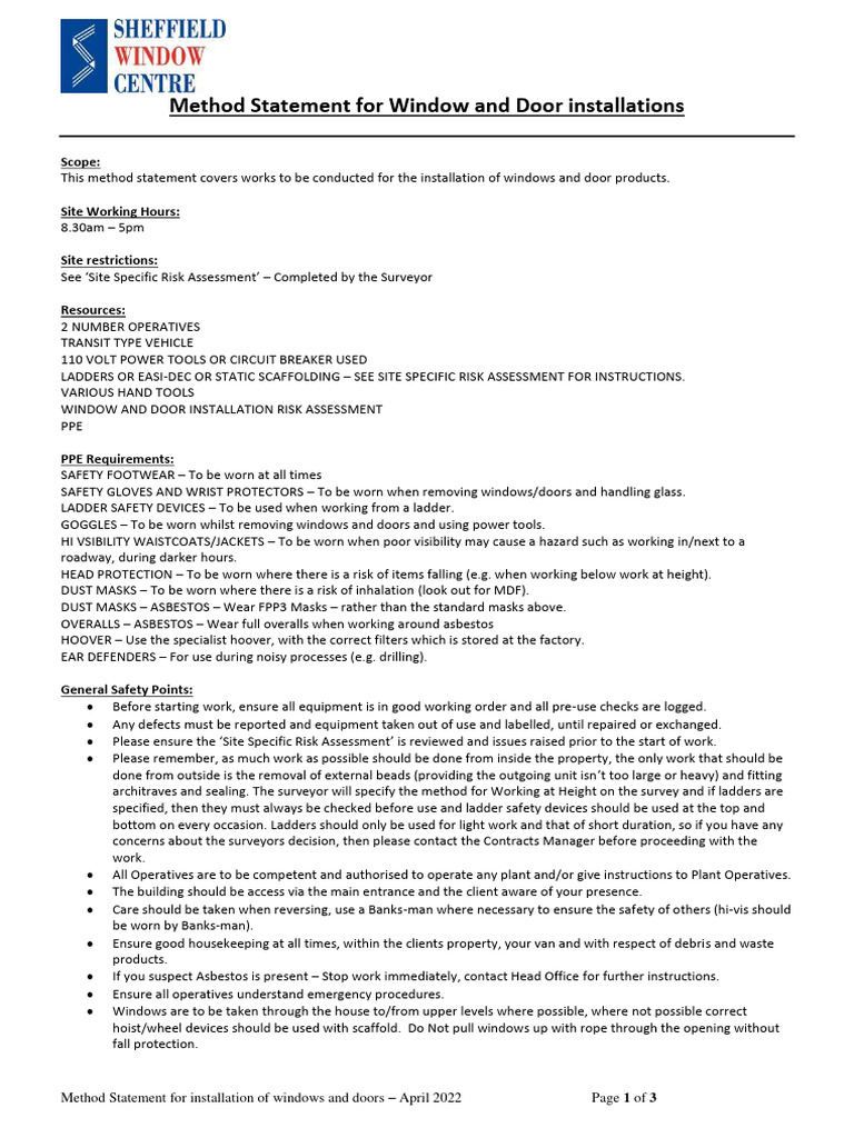 Method Statement For Window and Door Installation April 2022 | Download Free PDF | Personal ...